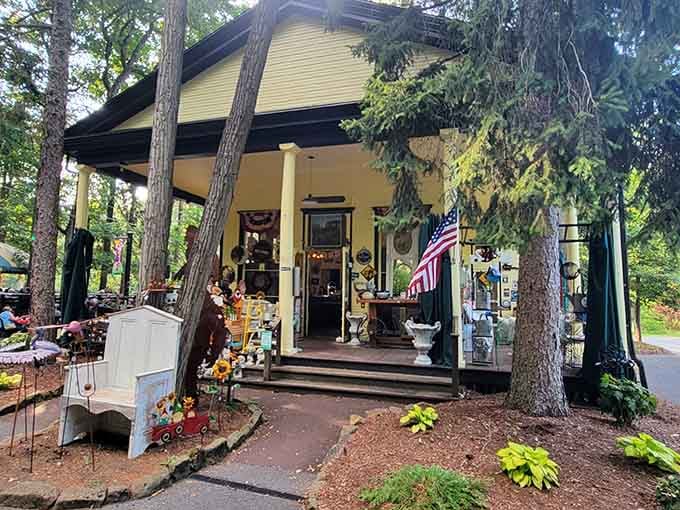 A yellow cottage tucked among tall pines, looking like the sweetest secret in Mt. Gretna.