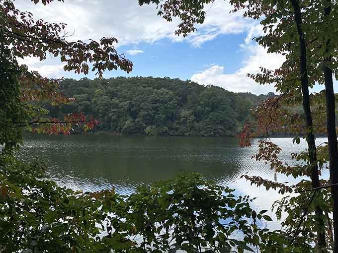 Rolling hills embrace the lake like nature's own amphitheater, where Appalachia whispers its secrets to Ohio.