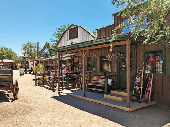 Wooden structures, desert sunshine, and zero pretension &mdash; Cave Creek's Frontier Town is the real deal.