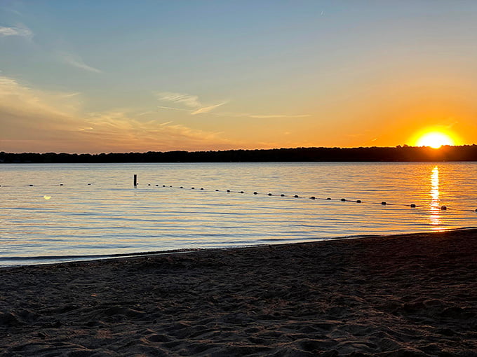 Golden hour at Rock Lake turns the water into liquid amber, perfect for contemplating life's simpler pleasures.