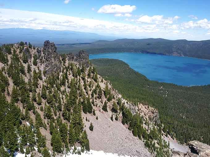 That electric blue water isn't a filter trick; Paulina Lake really looks like this from the caldera rim.