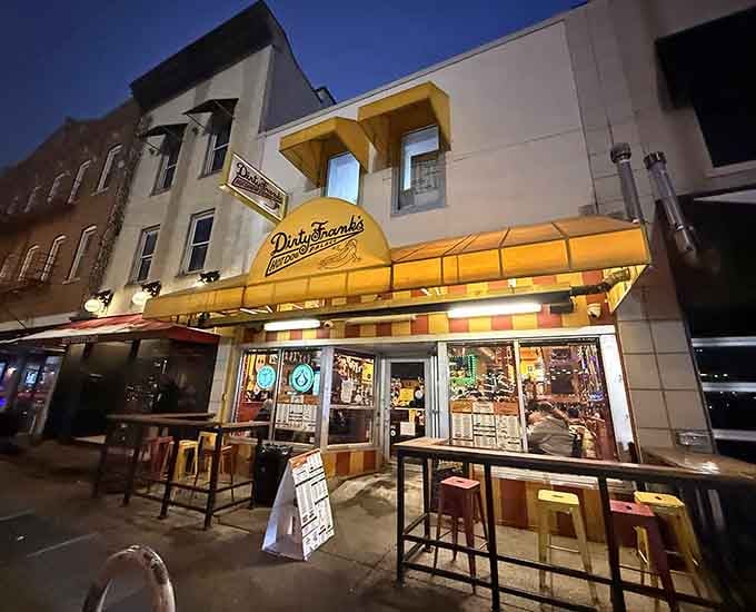 Dirty Frank's Hot Dog Palace glows like a beacon of joy on South 4th Street after dark.