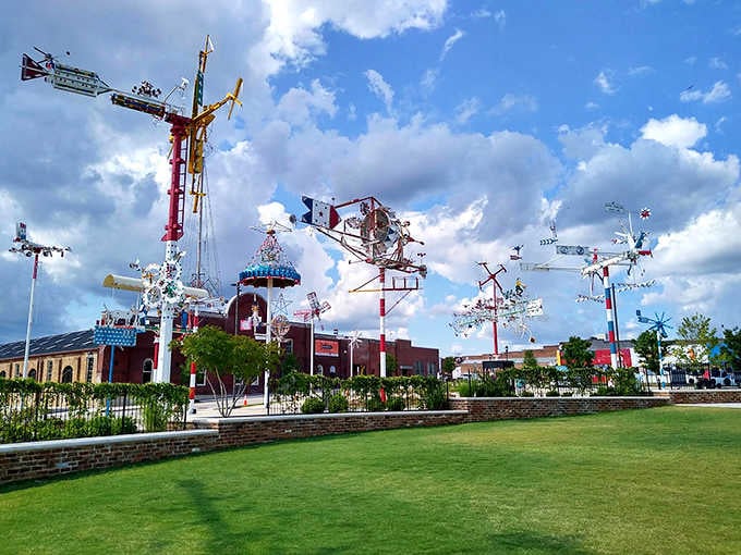 A colorful forest of spinning metal towers reaches for the clouds at Wilson's glorious Whirligig Park.