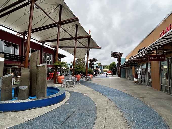 Wide open walkways and covered canopies make rainy-day shopping feel surprisingly civilized and even elegant.
