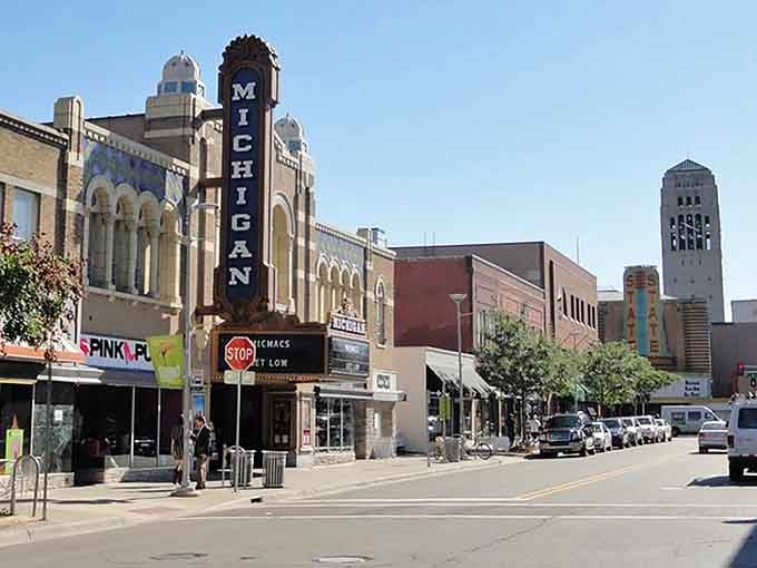 The grand Michigan Theater marquee stands tall, reminding you that great taste lives on every block of this remarkable street.