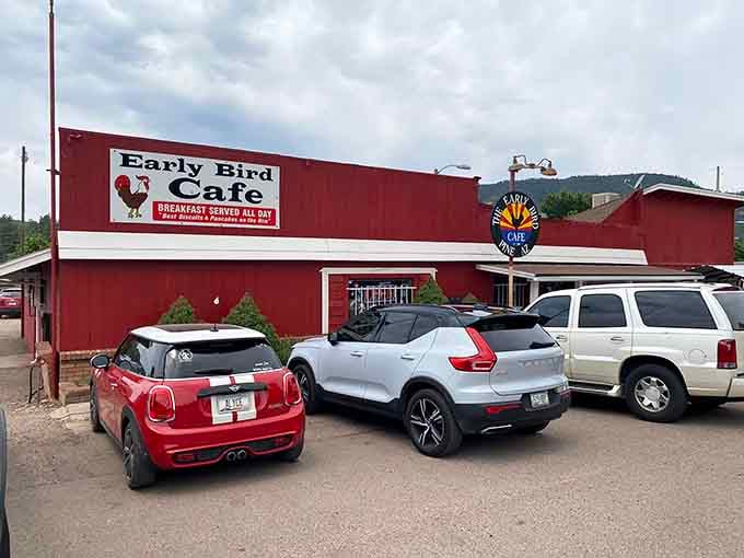 A full parking lot in a small mountain town tells you everything you need to know about what's inside.