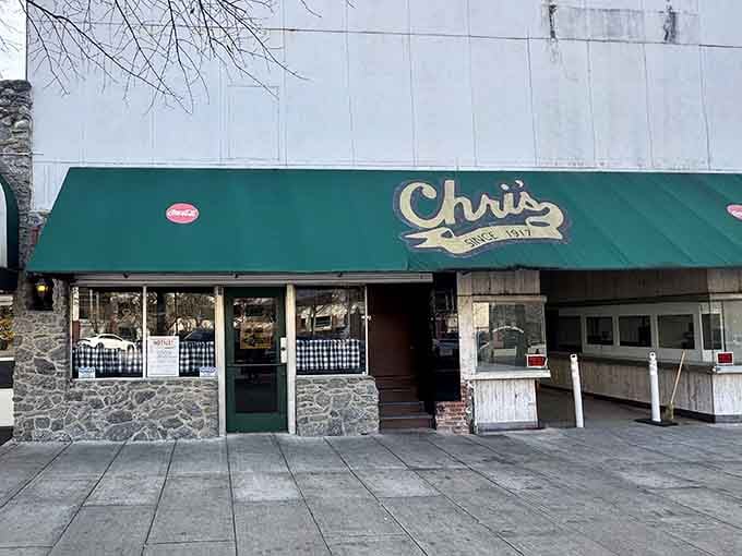 On a bare winter day, the stone facade and bold signage of Chris' still manage to look completely inviting.