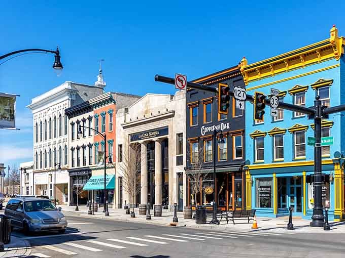Bold blue facades and bourbon barrel decor make Danville's downtown corner look like Kentucky decided to dress up for company.