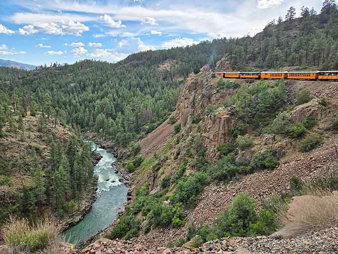 That tiny orange train threading through miles of pine-covered canyon feels like finding a secret the mountains kept just for you.