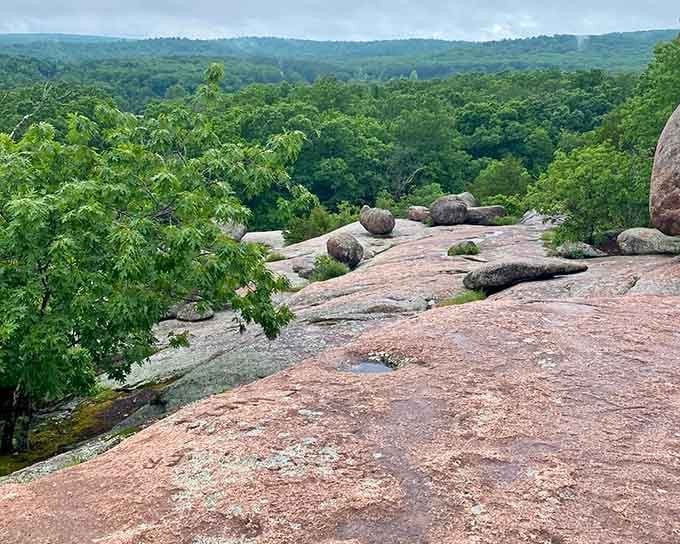 From atop the pink granite slabs, a misty sea of Ozark forest stretches endlessly, reminding you just how gloriously small you are.