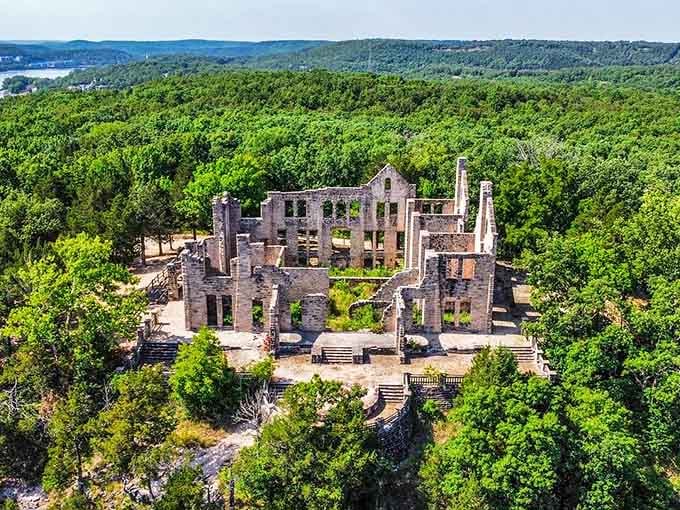 From above, the castle ruins spread like a European postcard dropped into the Missouri woods&mdash;simply breathtaking.