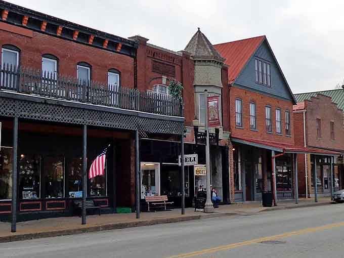 Iron lacework balconies and a tucked-away deli sign tell you Hermann's downtown is equal parts elegant and delightfully lived-in.