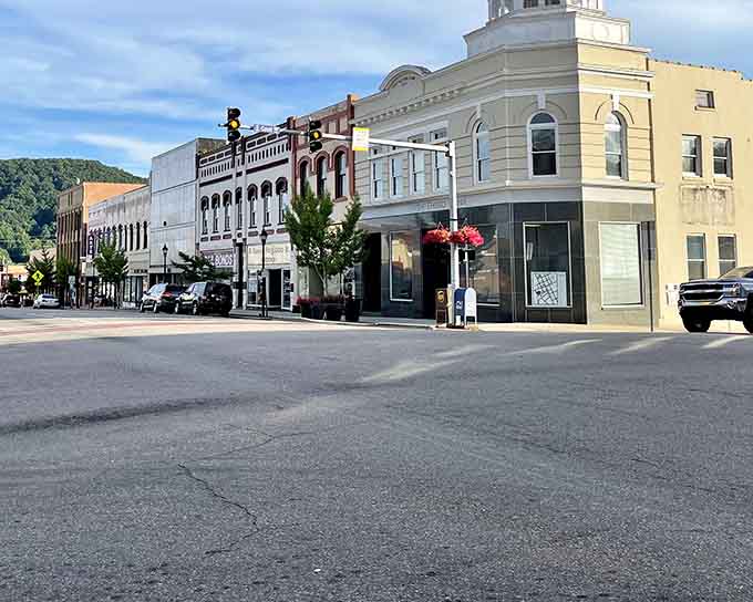 Mountain backdrop and hanging flower baskets &mdash; Marion's downtown corner is dressed for a very good first impression.