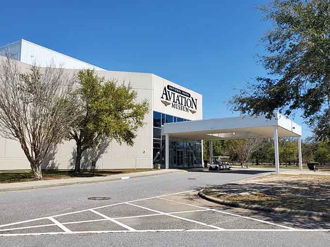 The clean canopy entrance and wide-open parking lot say "welcome" before you've even stepped through the door.