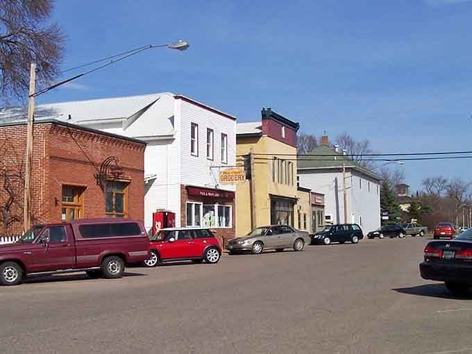 These colorful storefronts look like a box of crayons came to life on Main Street, each building cheerfully different.