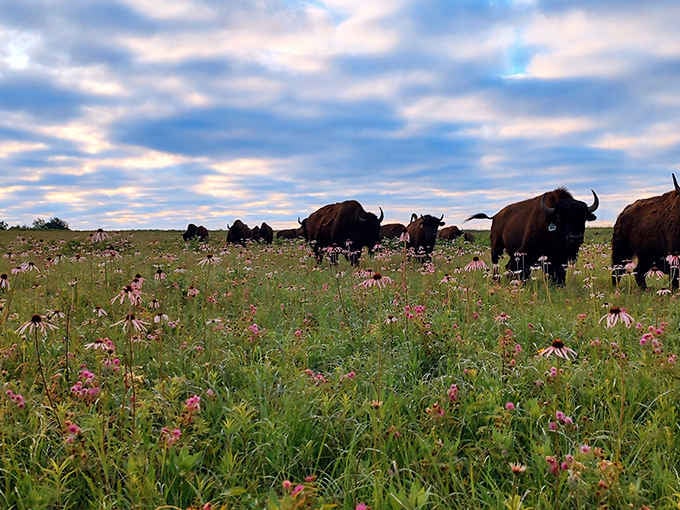 Bison grazing through a sea of pink wildflowers at golden hour &mdash; honestly, this view should cost more than free.