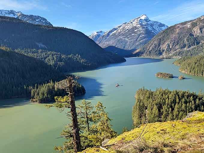 From this viewpoint, the glacial lake spreads out like nature's own infinity pool surrounded by evergreen walls.