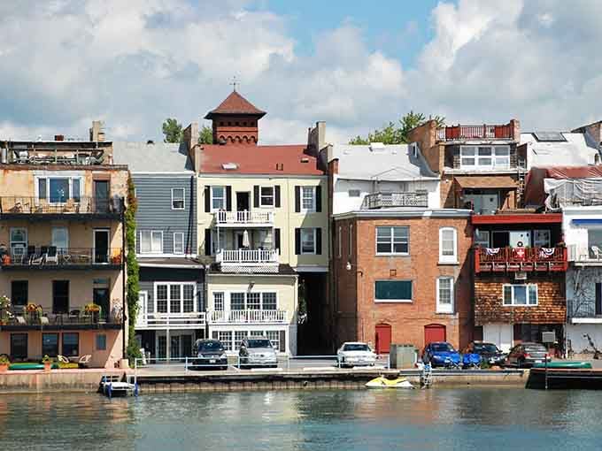 Waterfront homes stacked like colorful building blocks prove that lake living comes with serious architectural personality and charm.