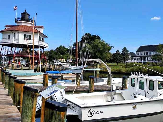 A restored lighthouse, bobbing workboats, and salty summer air — Solomons harbor delivers the full Chesapeake experience without any reservations required.