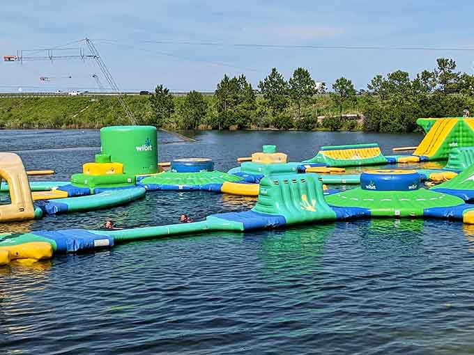 Green, yellow, and blue obstacles create a tropical paradise where falling in the water is half the fun.