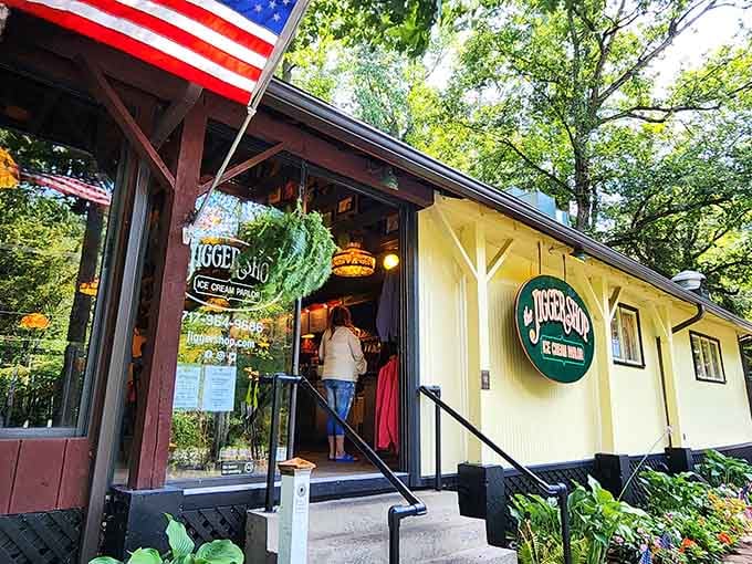That green Jigger Shop sign beckons like a friendly neighbor saying, "Come on in, we've been expecting you."