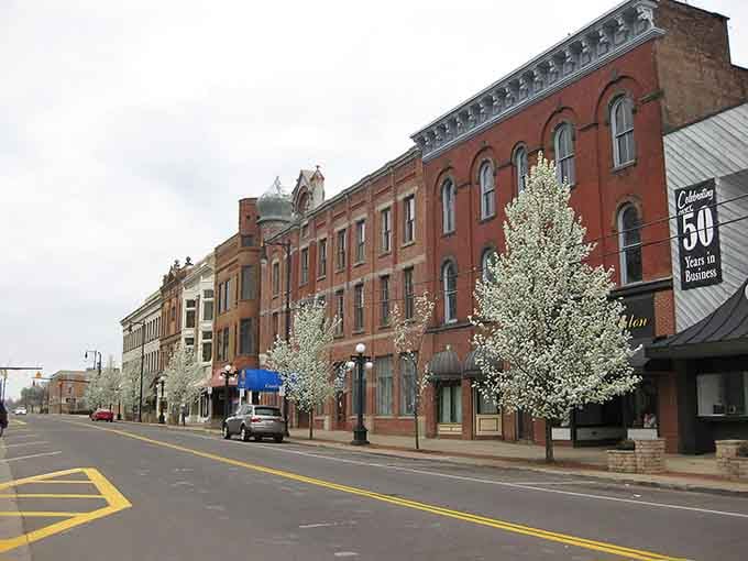 Spring blossoms soften Warren's sturdy historic streetscape, proof that even tough industrial towns know how to dress up nicely.