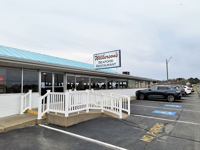 Even on a gray winter day, Wilkerson's welcoming entrance and glowing windows make the whole parking lot feel warmer.