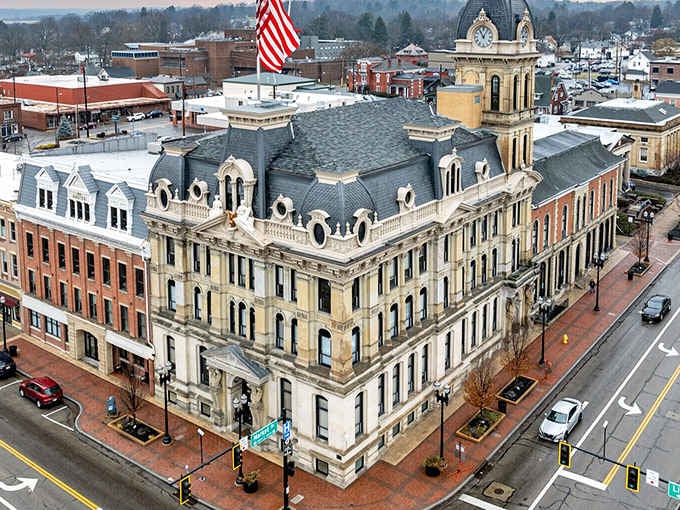 From above, Wooster's grand courthouse looks like it was dropped straight from a European capital into the heart of Ohio.