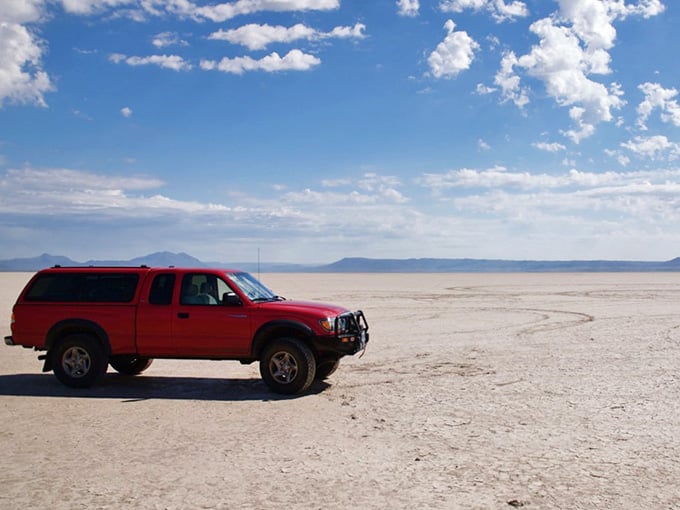 Red truck, blue sky, white earth: Oregon's desert palette makes minimalist art look positively cluttered by comparison.