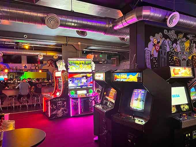 Rows of classic cabinets stretch into the distance at 8-Bit Arcade, each one a time machine.