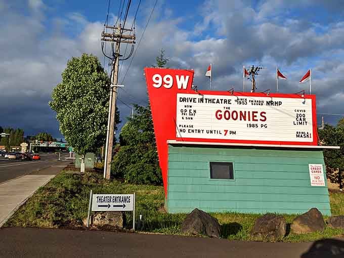 The marquee says it all: The Goonies, good times, and a piece of living American history right on Highway 99W.