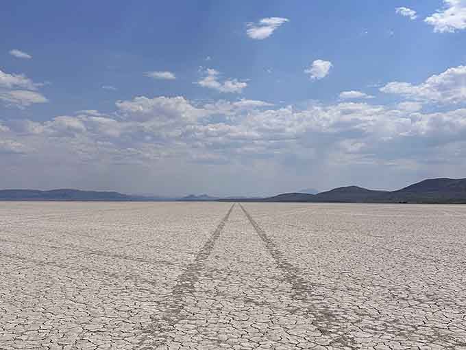 Tire tracks stretch toward distant mountains like breadcrumbs leading to nowhere, and somehow that's exactly where you want to go.