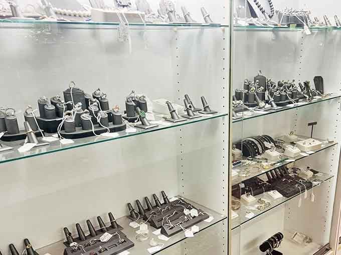 Rings, bracelets, and necklaces lined up like old friends at a reunion, each one ready for a new home.