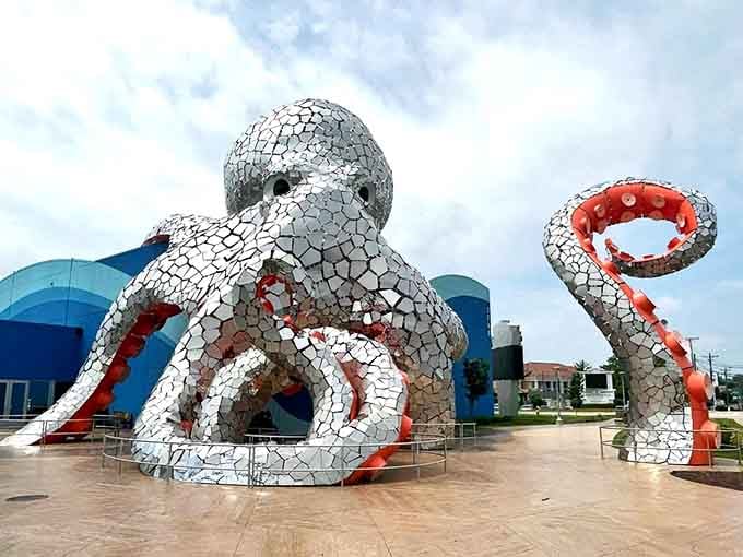 This giant reflective octopus isn't asking you to come inside, it's demanding it, and honestly, fair enough.