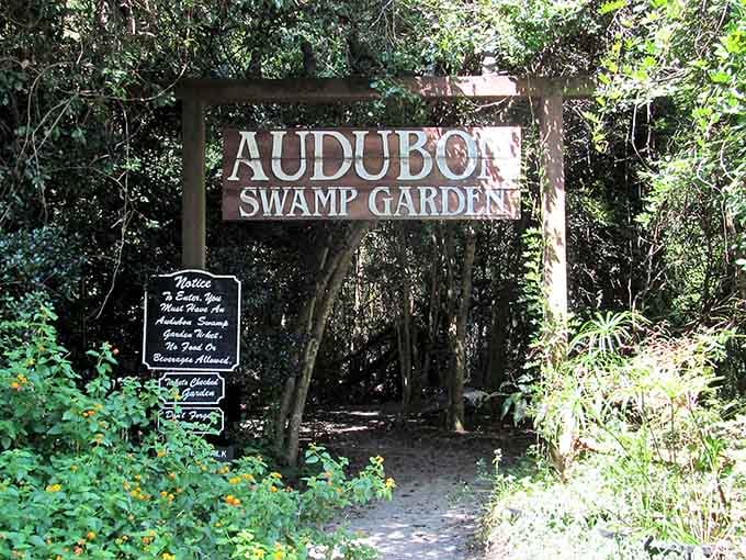The sign says "Audubon Swamp Garden," but your heart will read it as "best decision you've made all year."