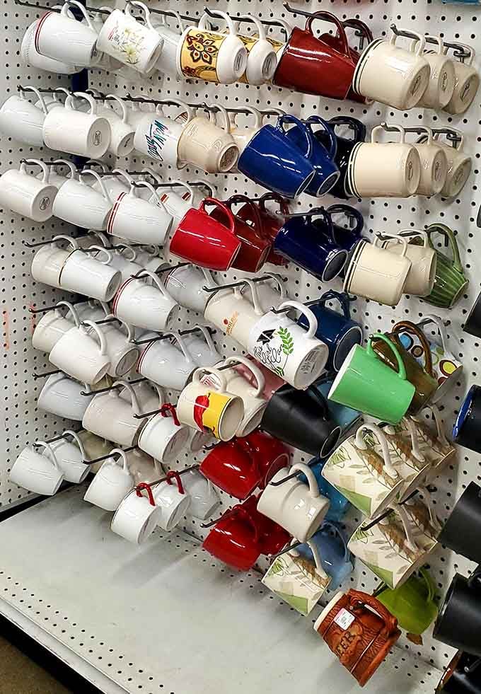 Dozens of mugs, each with a past life and a story nobody bothered to write down.