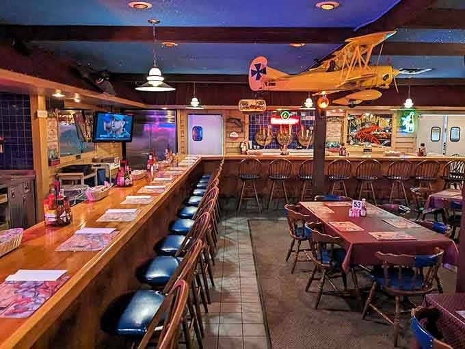 Step inside and discover a nautical wonderland complete with a vintage airplane, because why shouldn't seafood restaurants fly high?