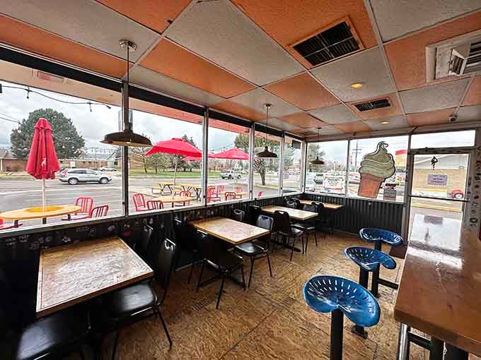 Plywood floors, mismatched chairs, and big windows. This is the kind of honest, no-fuss dining room where great food does all the decorating.