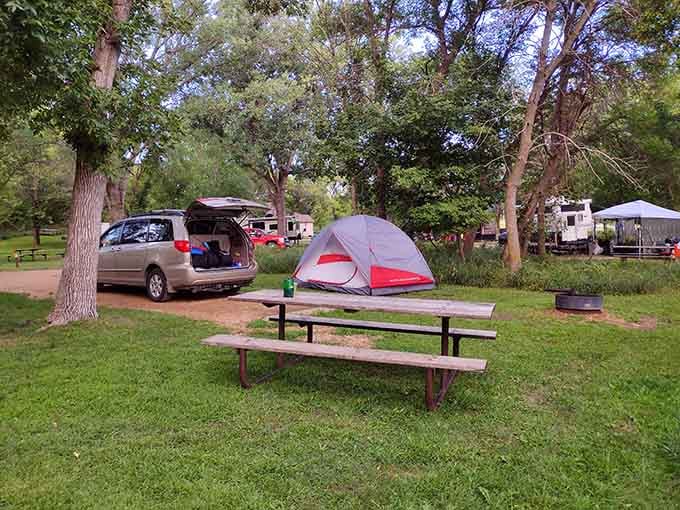 A tent, a picnic table, and trees overhead. Honestly, this is the upgrade your nervous system has been requesting for months.