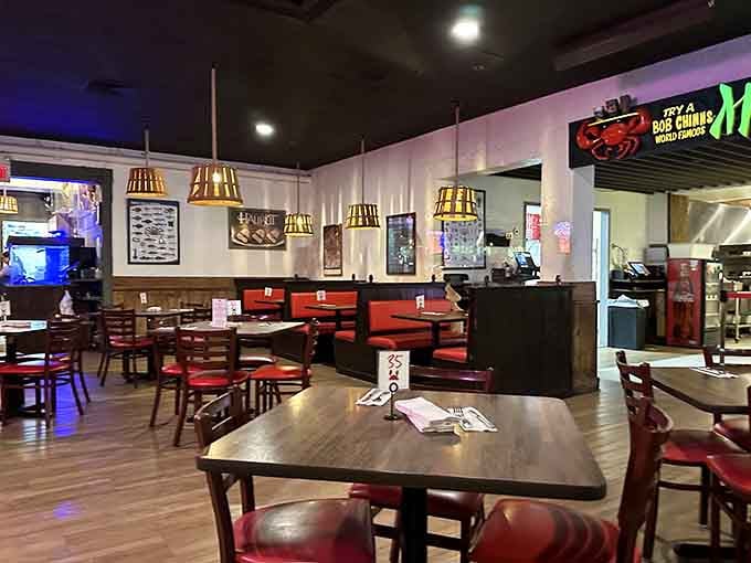 Red chairs, warm pendant lights, and the quiet hum of happy diners. This is what a seafood lover's happy place looks like.