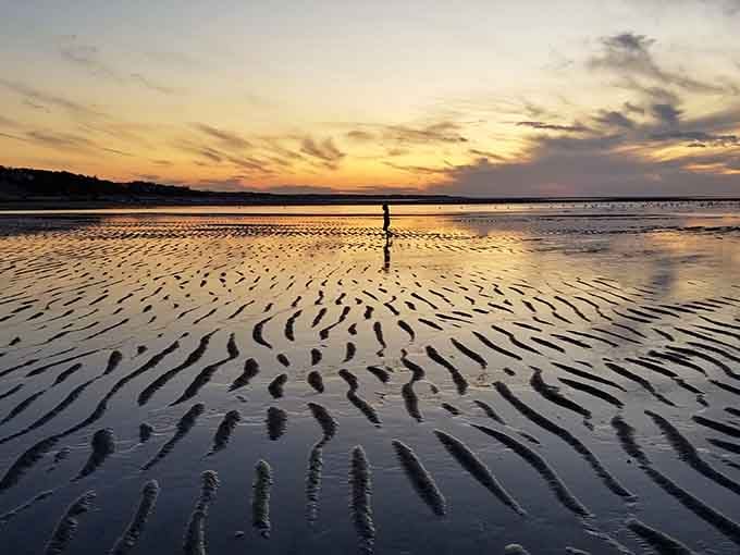Sunset turns the Brewster Tidal Flats into liquid gold, and that lone silhouette says it all.