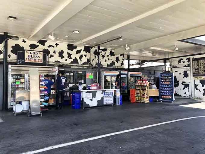 The cow-print walls and "God Bless America" sign set the tone perfectly. No pretense, just pure, honest dairy goodness waiting for you.