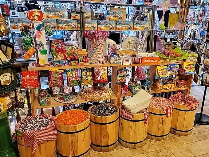 Wooden barrels dressed in checkered fabric and overflowing with candy. This is what happiness looks like in Southport.