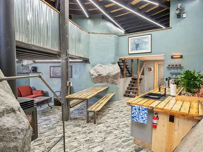 Modern industrial meets prehistoric geology in this surprisingly spacious underground living area with actual boulders as decor.