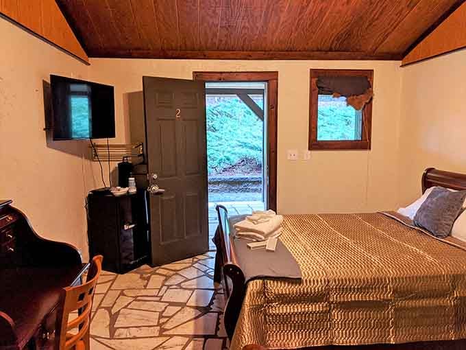 Simple, clean, and surrounded by trees. This cozy lodge room proves comfort doesn't need a five-star price tag.