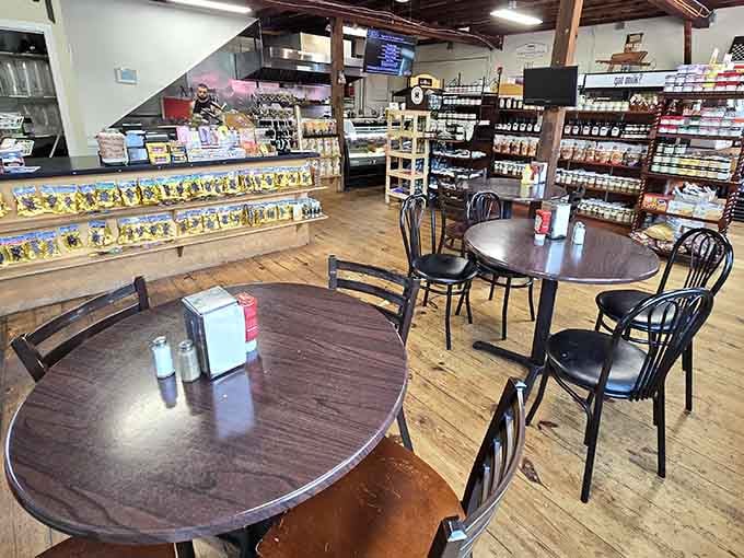 Creaky hardwood floors, shelves packed with goods, and round tables that invite you to stay awhile.