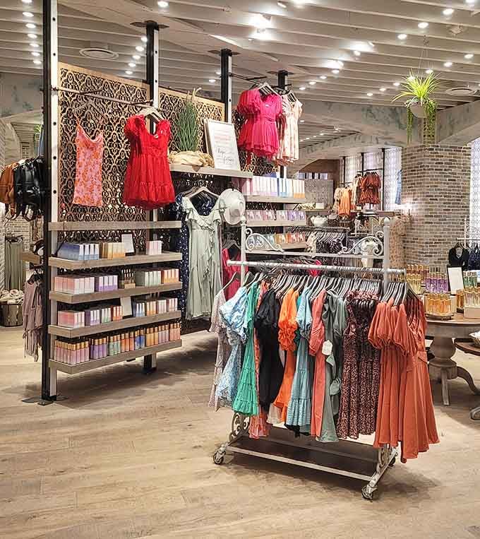 Colorful dresses and flowing fabrics fill the racks, proof that great style doesn't require a transatlantic flight.