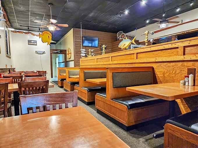 Cozy booths and wooden touches create the perfect backdrop for a seriously satisfying meal ahead.