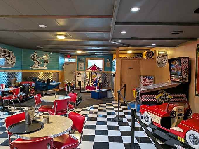 Ride-on cars, pinball machines, and checkered floors &mdash; Dutch Mill Cafe turns dinner into a full afternoon adventure.