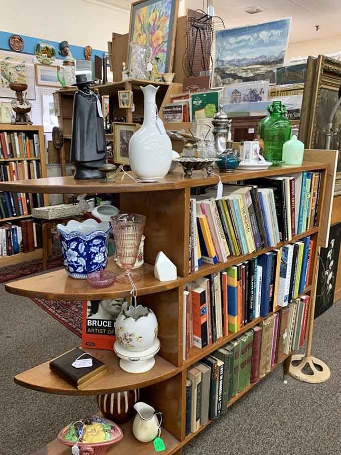 Shelves packed with hardcovers and ceramics remind you that the best libraries don't always have library cards.